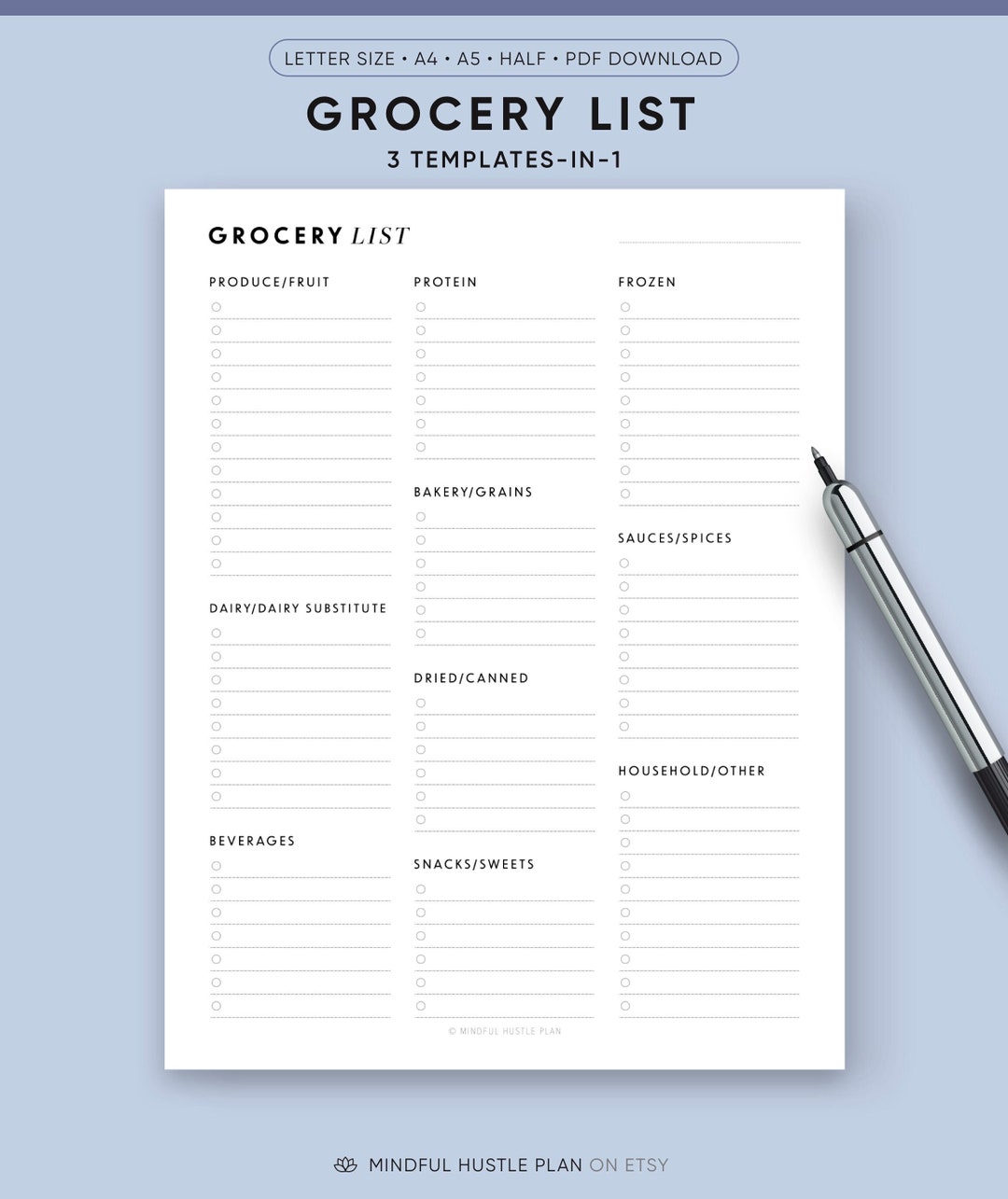 Grocery List Printable, Shopping List, Mean Planning Template, A5/a4 ...