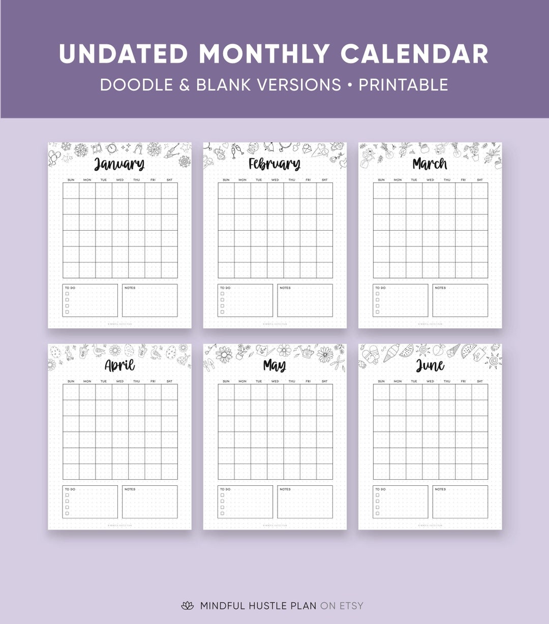 Undated Monthly Calendar Printable, Premade Bullet Journal Pages, 8 ...