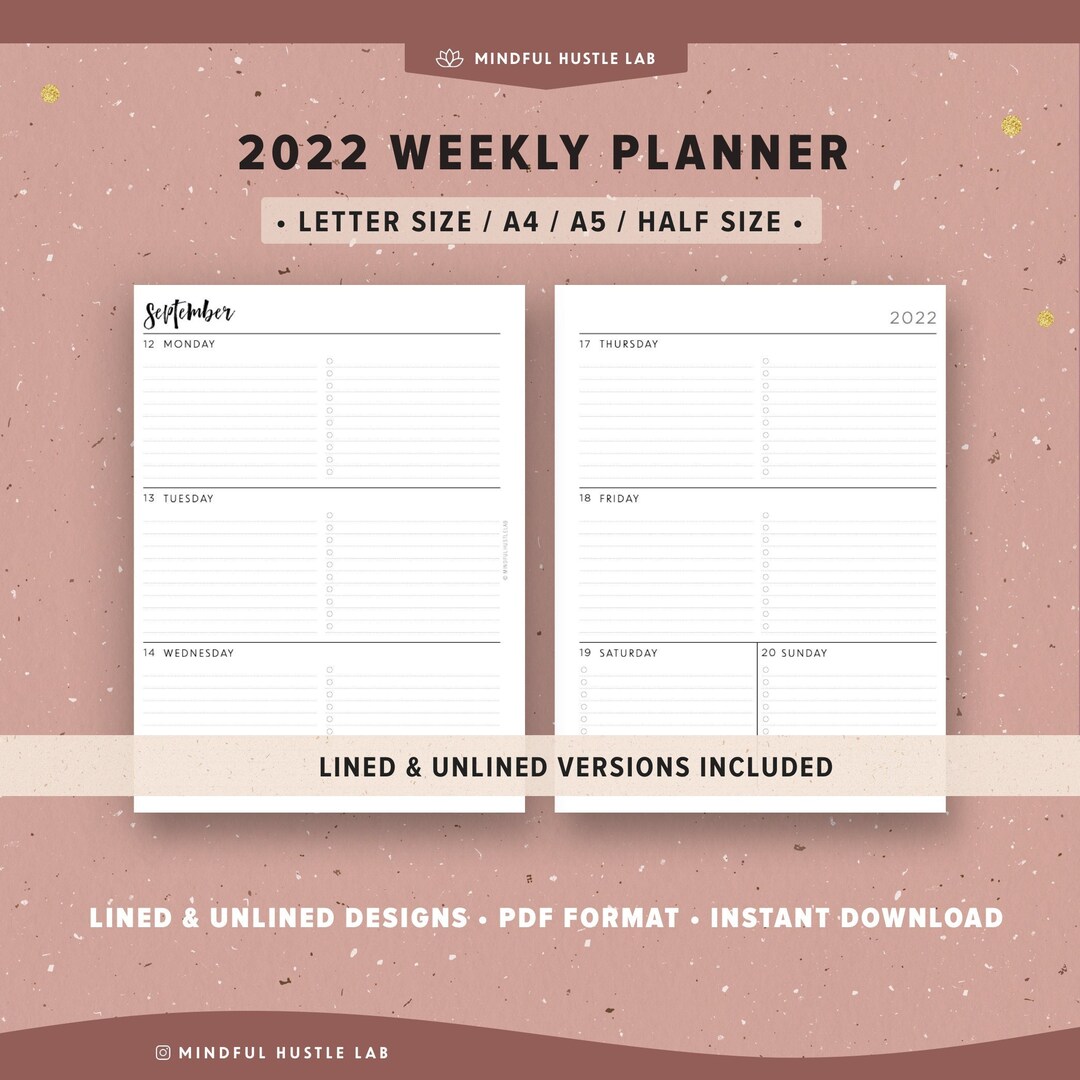 Weekly Planner 2022 Printable Horizontal Layout Filofax A5 Planner ...