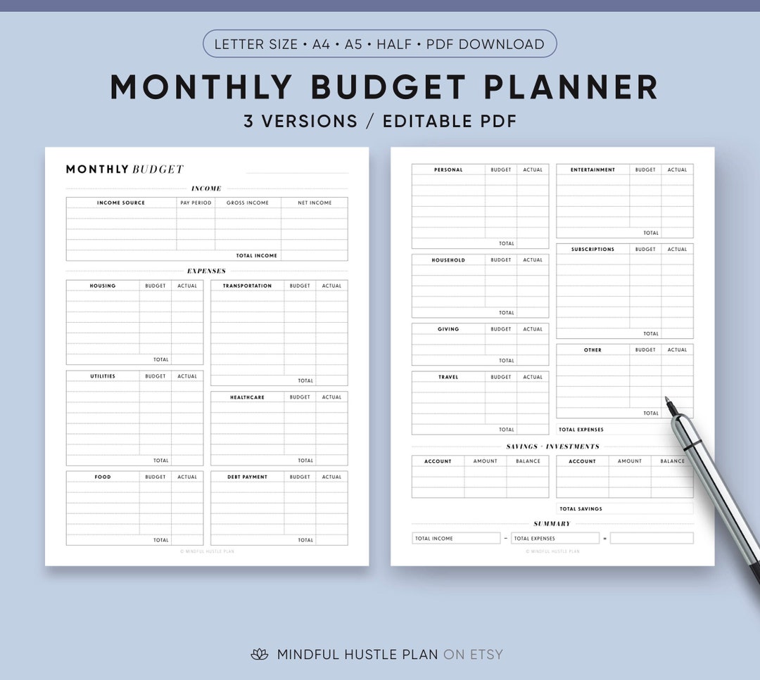 Monthly Budget Planner Printable, Editable Budget Plan, Incomes and ...
