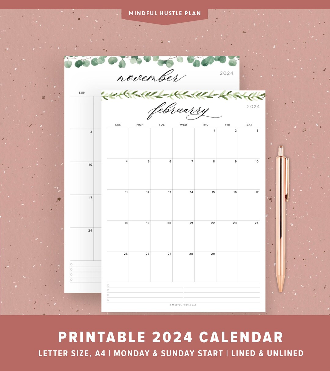 Calendar 2024 Printable PDF, Greenery, Botanical, by Month, Vertical ...