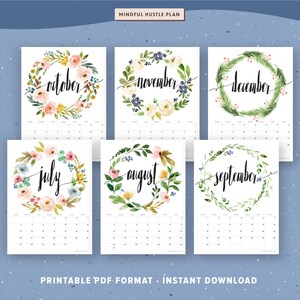 2025 Calendar Printable Download, Floral Watercolor Wreaths, Monthly ...