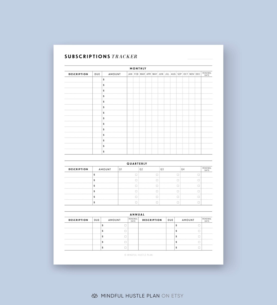 Subscriptions Tracker Printable, Annual Bills Tracker, Year Bills ...