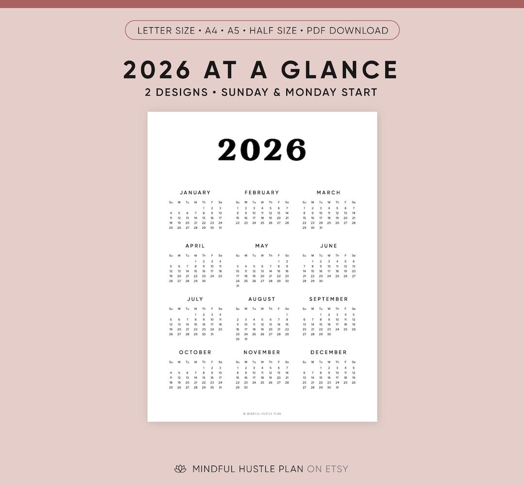 2026 Calendar on One Page Printable, Year at a Glance, Desk Calendar ...