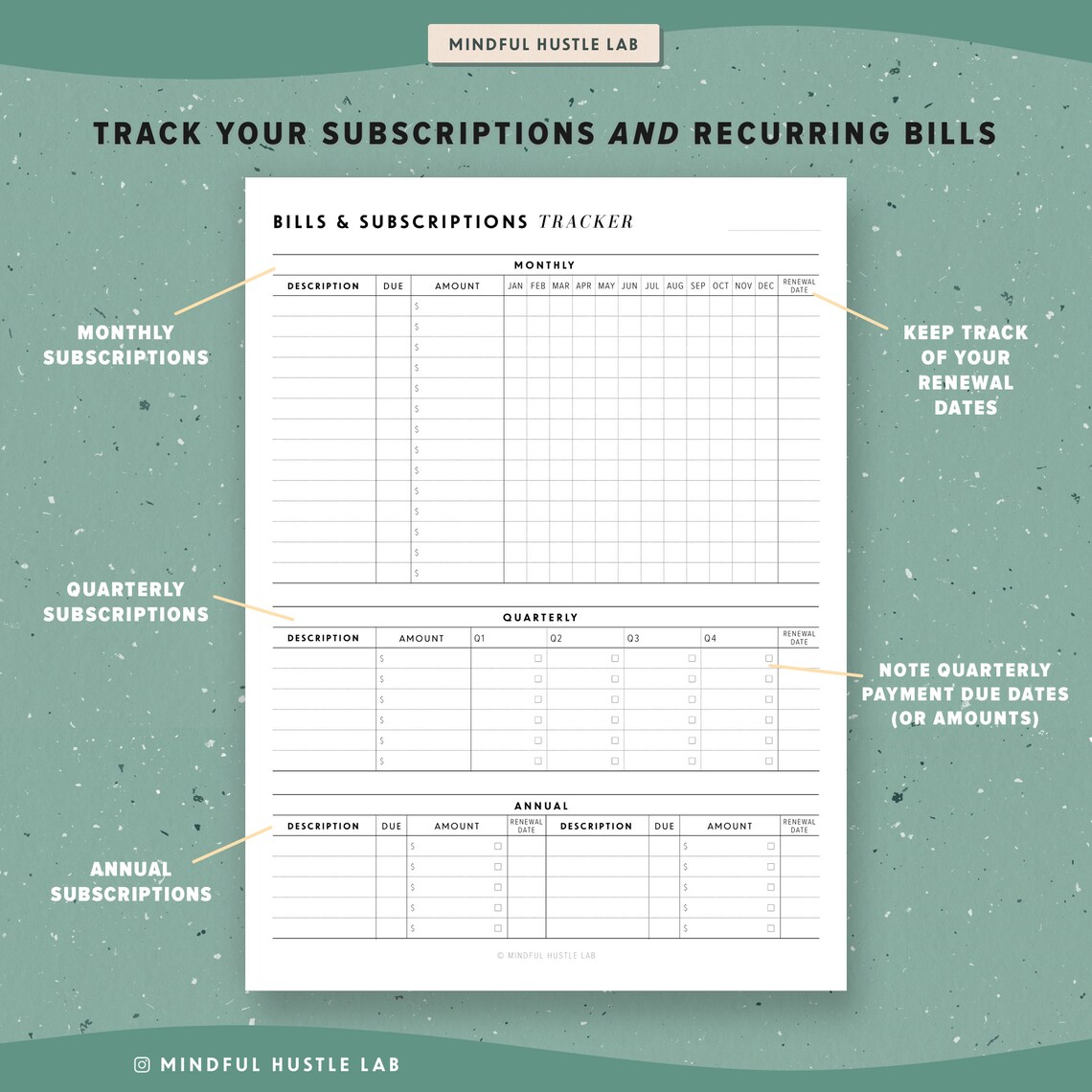 Subscriptions Tracker Printable Annual Bills Tracker Year - Etsy