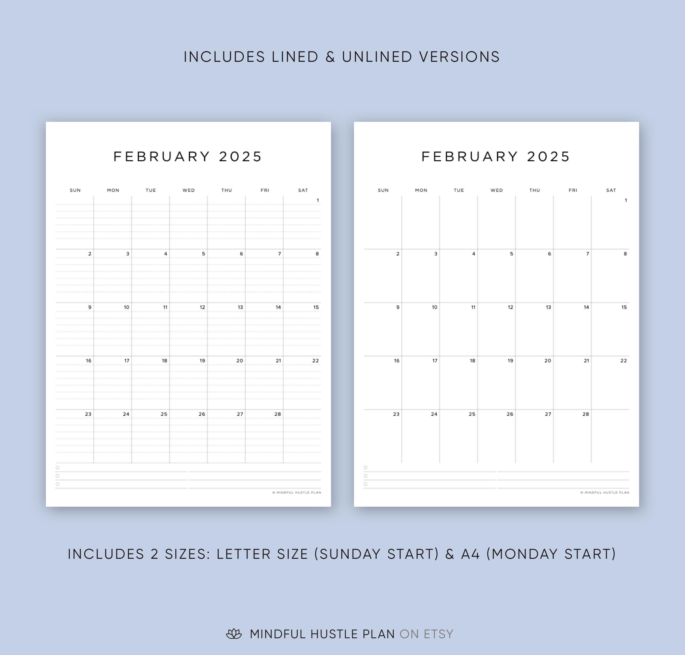 2025 Calendar Printable, Minimalist Calendar With Notes, PDF Download ...
