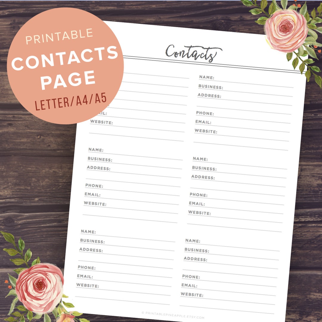 Contact Page, Address Book Printable, Phone Numbers, A5, A4, Letter ...