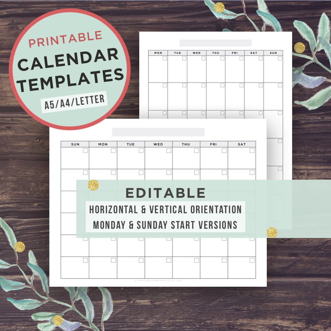 Editable Calendar Template, Printable Calendar, Monday Start + Sunday ...