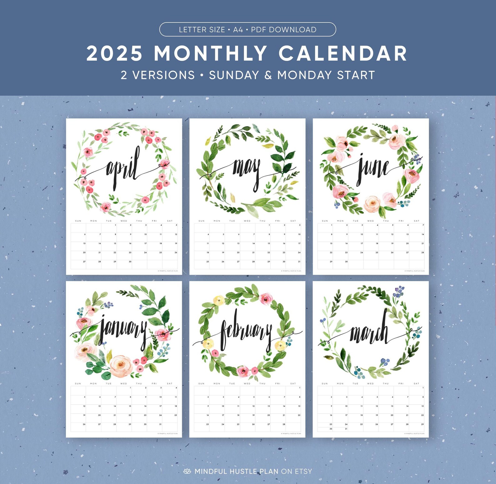2025 Calendar Printable Download, Floral Watercolor Wreaths, Monthly ...