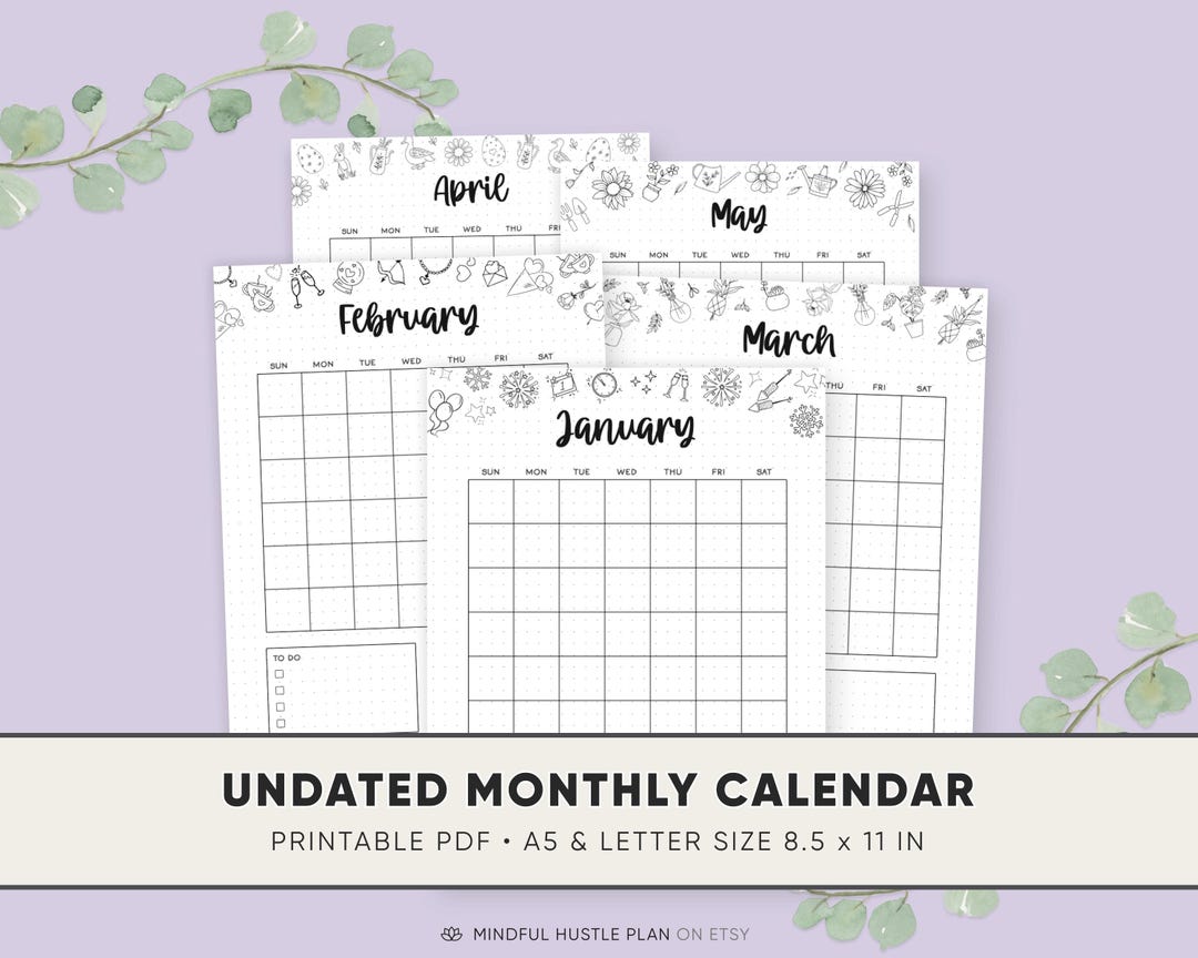 Monthly Calendar Printable Undated, Premade Bullet Journal Pages, A5 ...