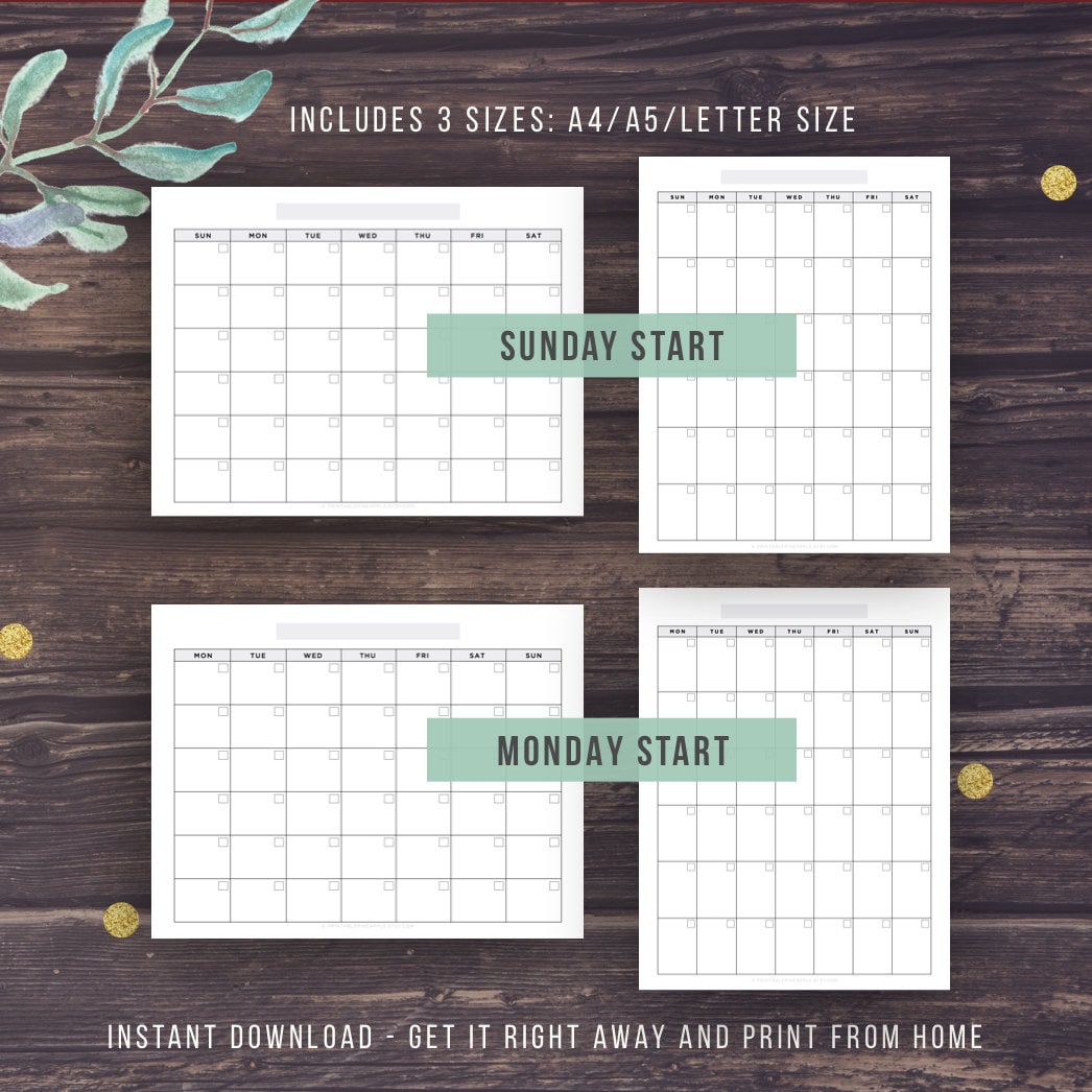 Editable Calendar Template Printable Calendar Monday Start - Etsy UK