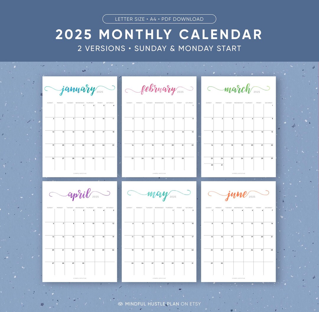 2025 Printable Calendar, Watercolor Lettering, Portrait Layout, PDF ...