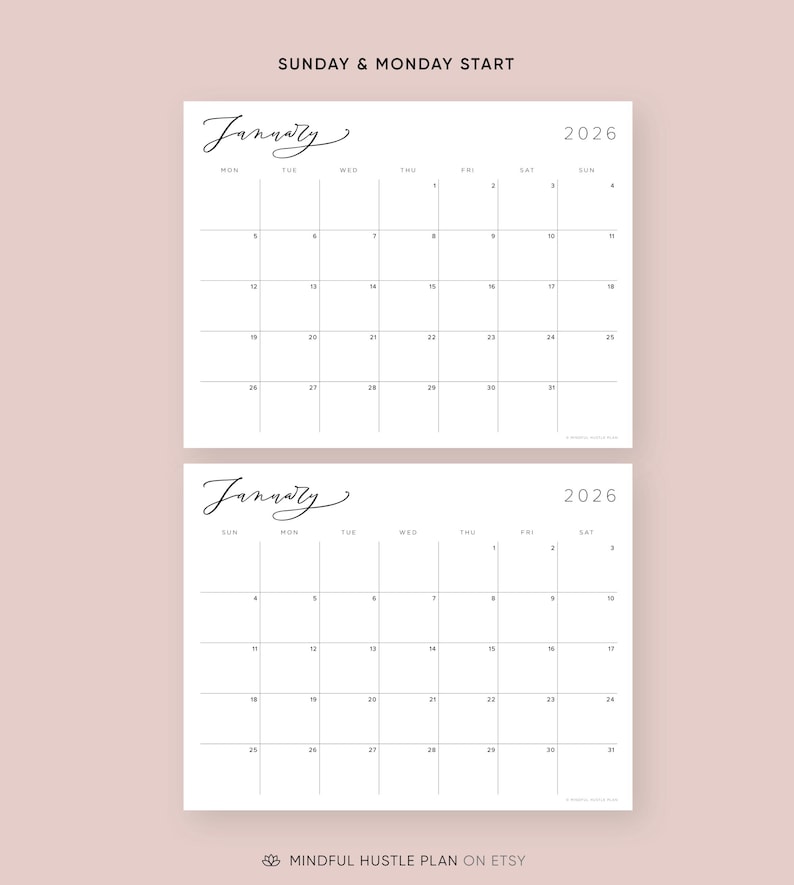 2026 Calendar Printable, Monthly Planner, Landscape Modern Calligraphy ...