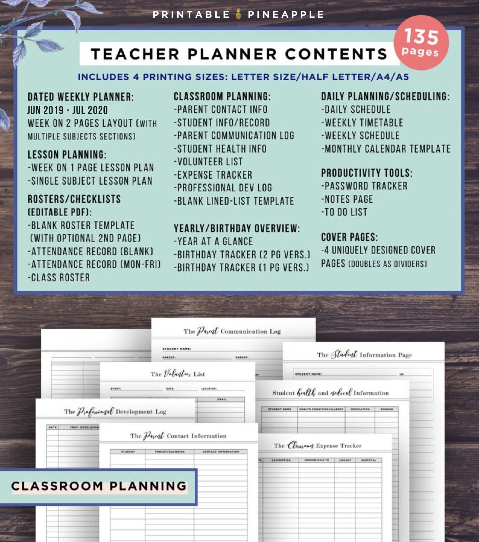Teacher Planner 2019-2020 Lesson Planner Printable Academic | Etsy
