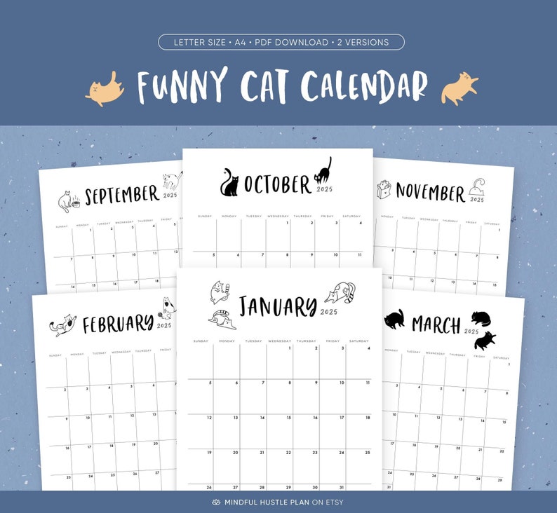 2025 Calendar Printable, Cat Calendar, Funny Cats, Cute Cat, With Lines ...