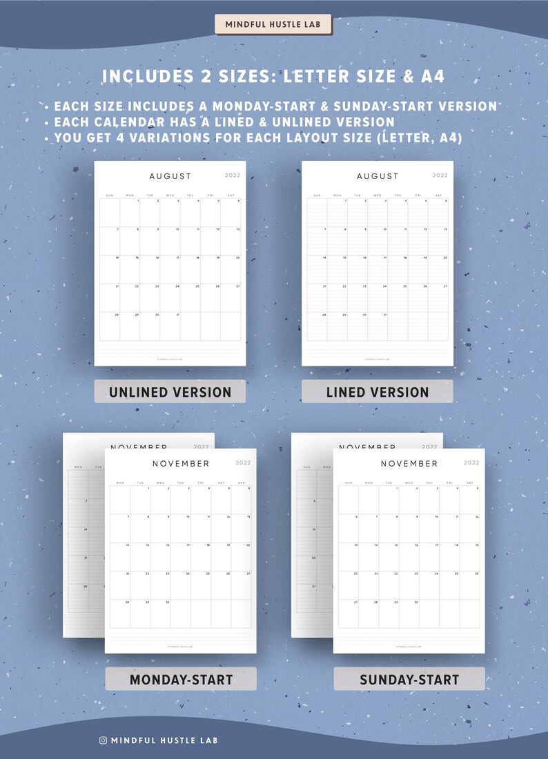 2022 Calendar Printable Minimalist Design PDF Vertical | Etsy