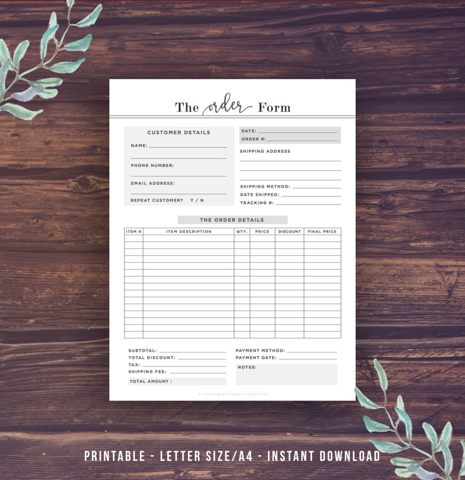 Order Form Template Printable Custom Order Form Business - Etsy