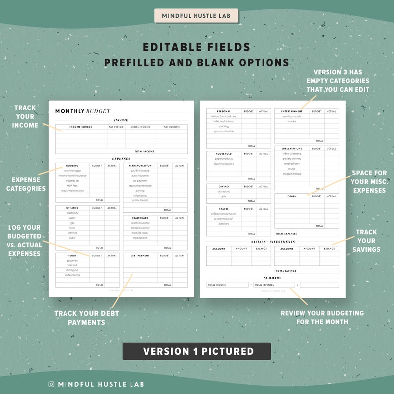 Monthly Budget Planner Printable Editable Budget Plan | Etsy