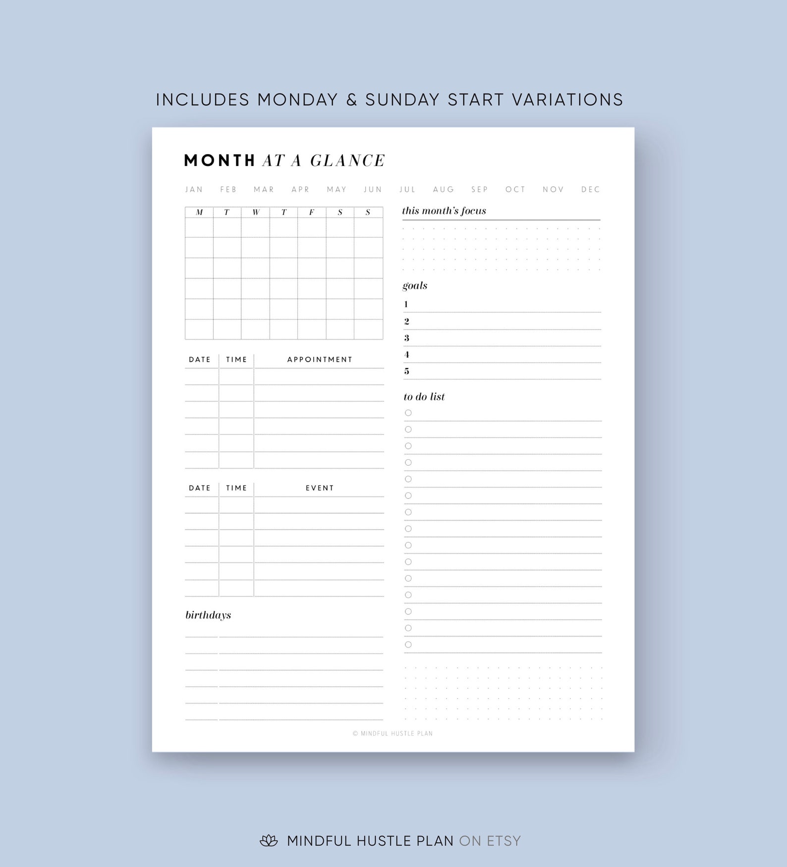 Month at a Glance Printable, Monthly Dashboard, Printable Planner ...
