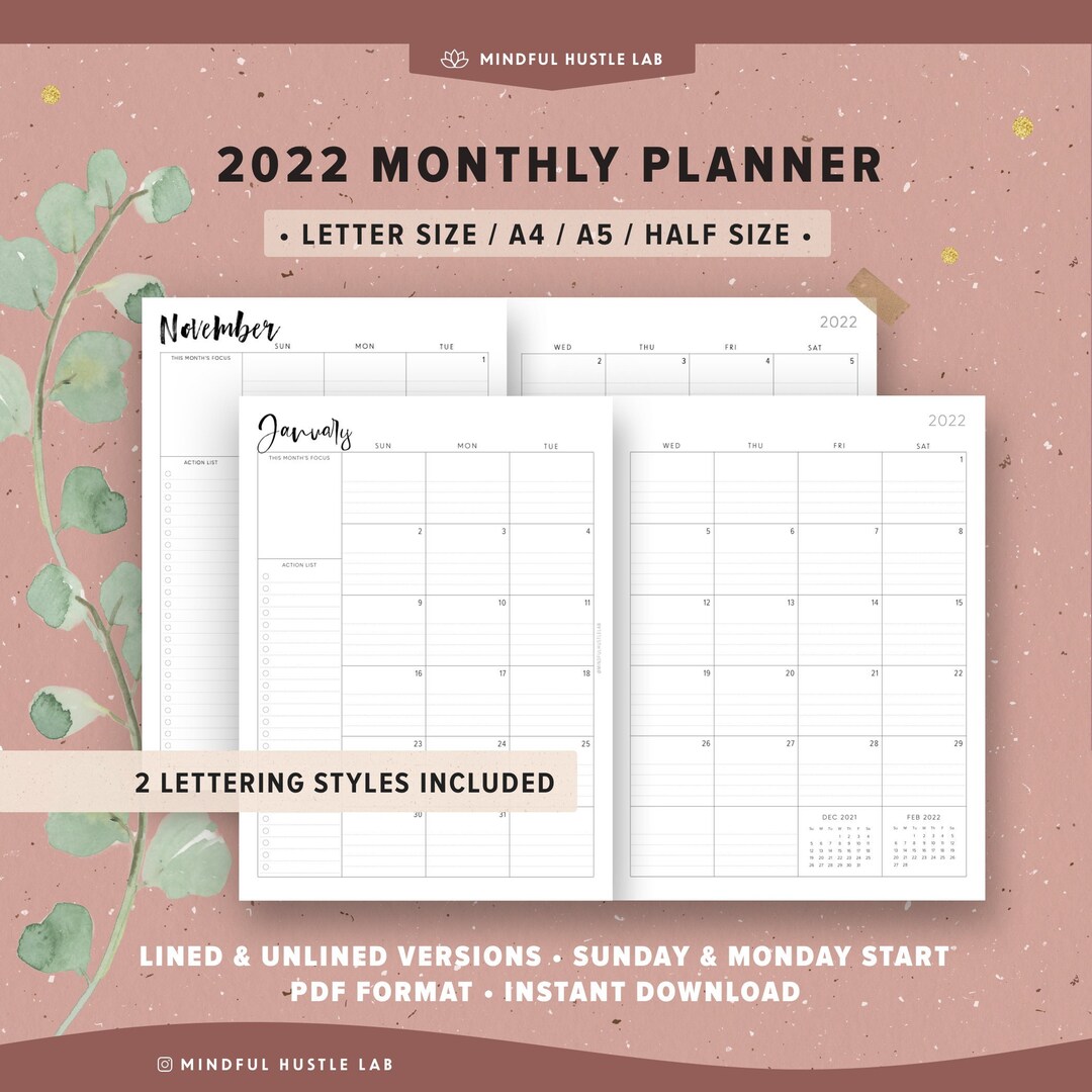 2022 Monthly Planner Printable Half Size, A5, Letter Size, A4 2022 ...