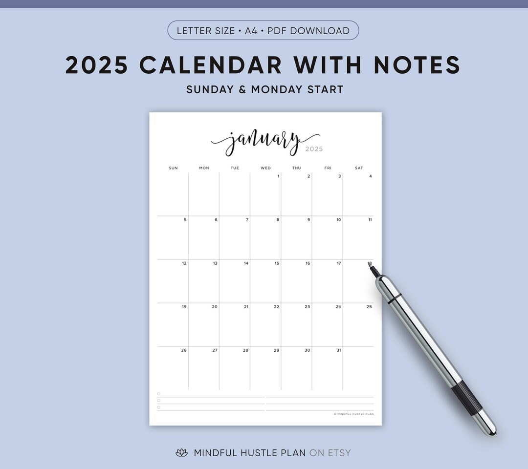 2025 Calendar Printable, Minimalist, Letter Size, A4, Instant Download ...