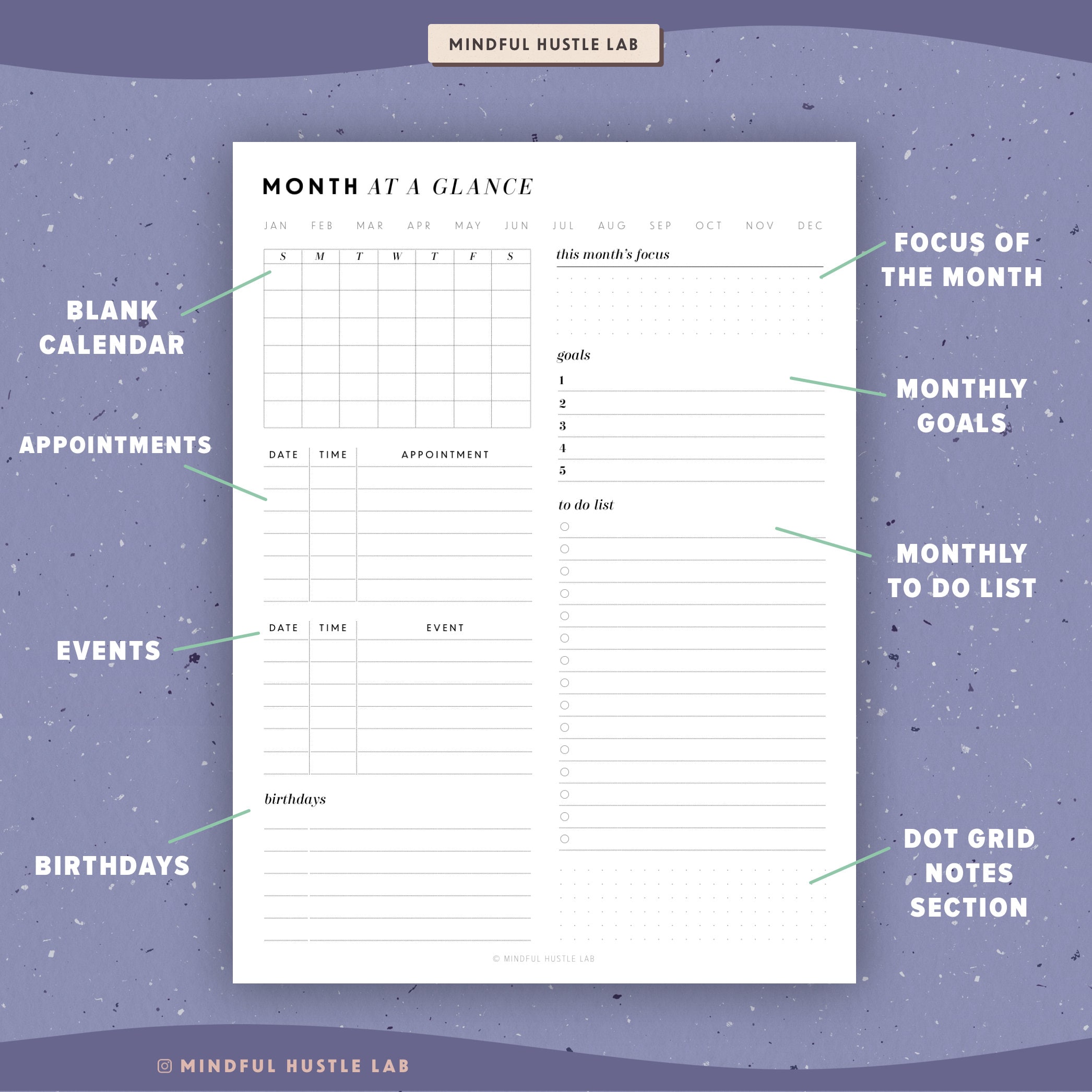 Month at a Glance Printable Monthly Dashboard Printable | Etsy