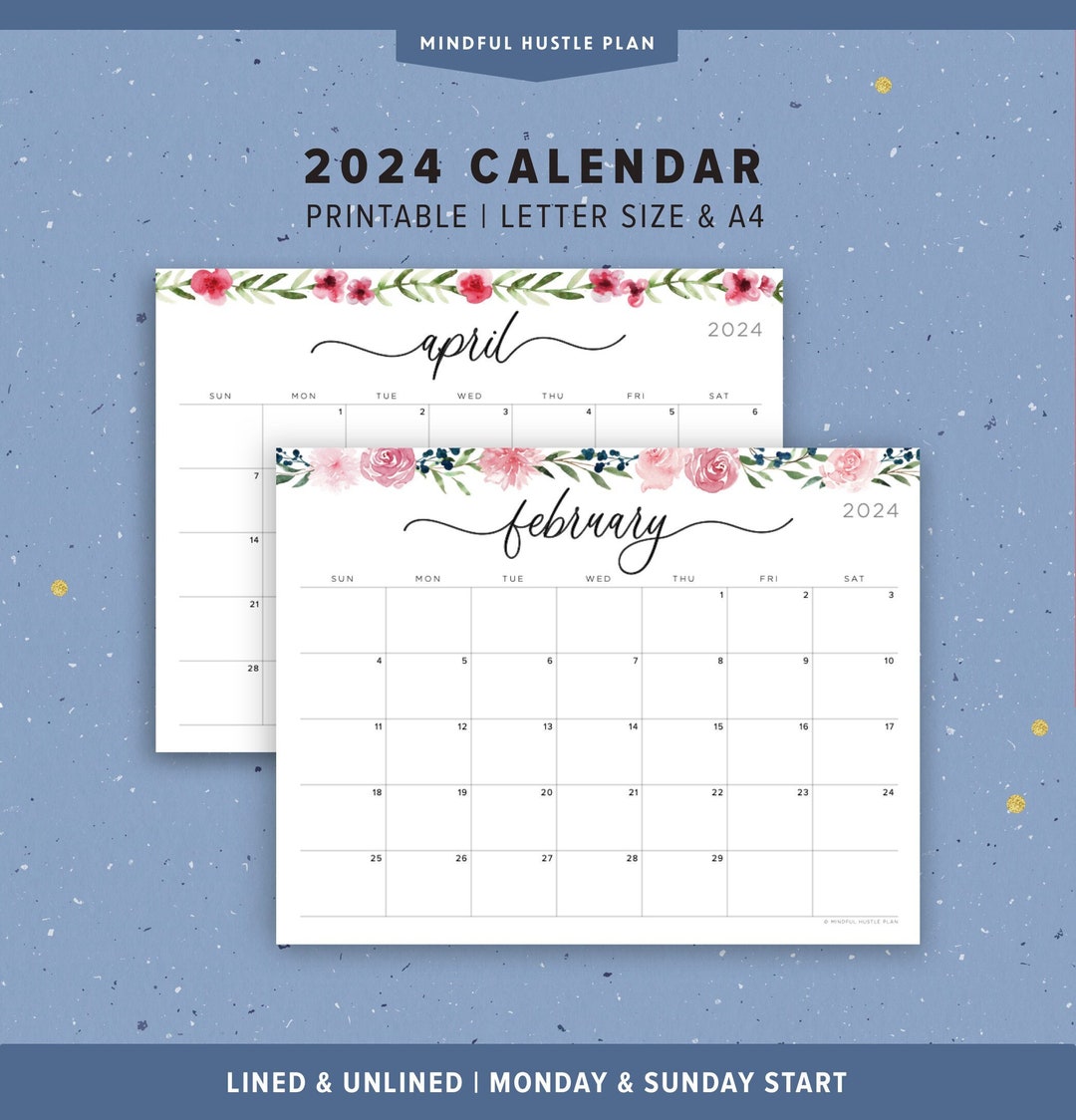 2024 Printable Calendar, Horizontal Floral Watercolor Calligraphy ...