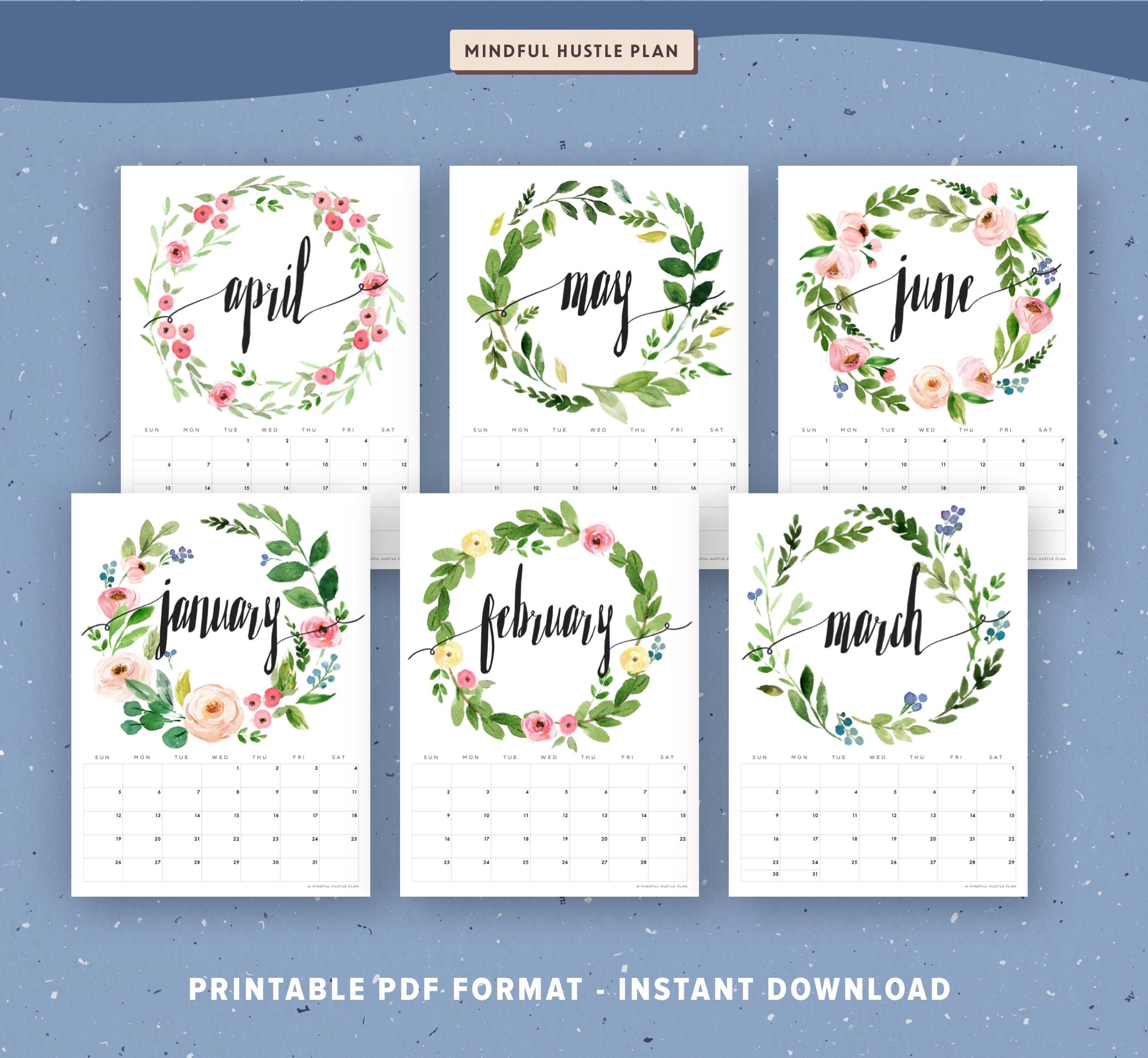 2025 Calendar Printable Download, Floral Watercolor Wreaths, Monthly ...