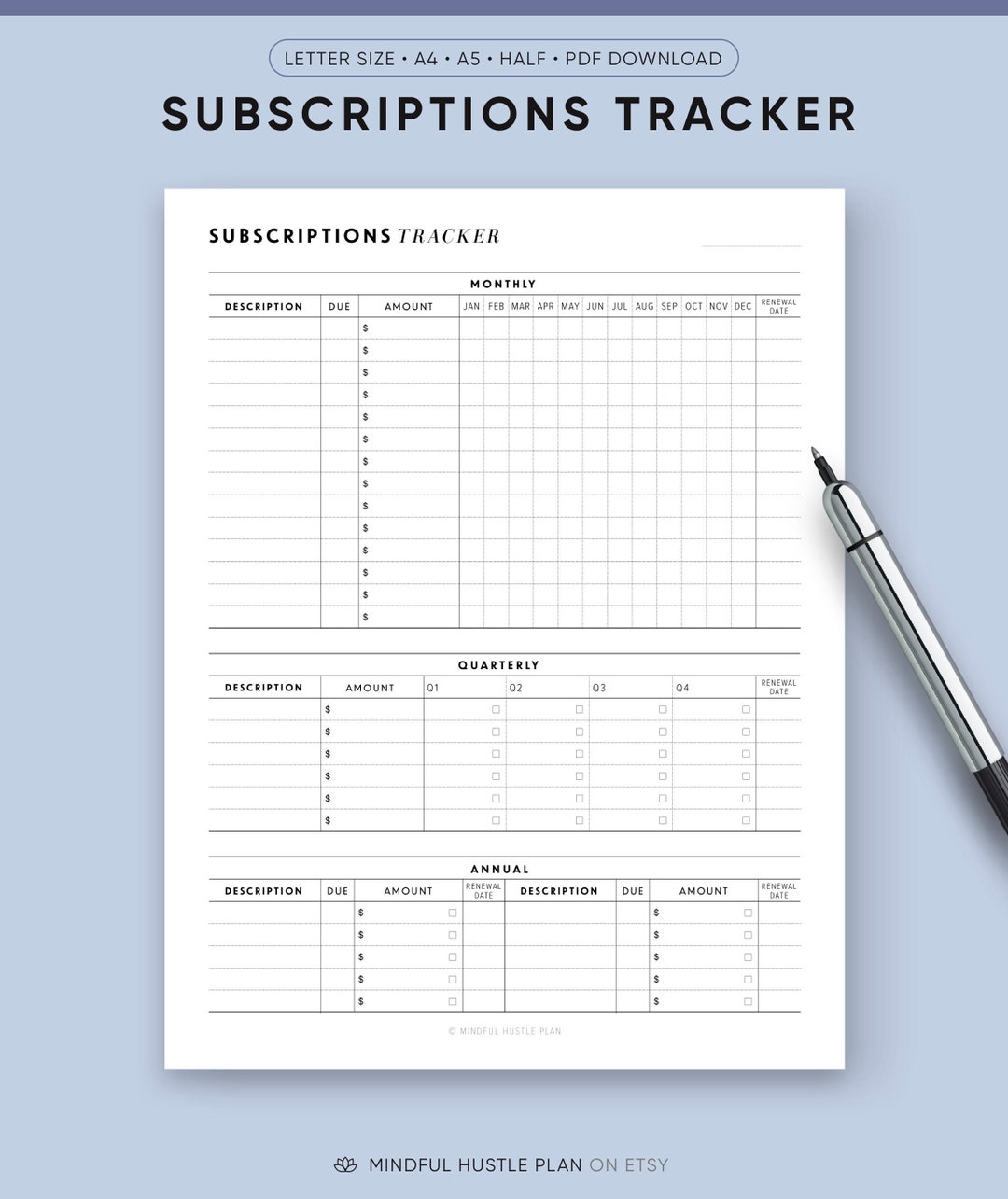 Subscriptions Tracker Printable, Annual Bills Tracker, Year Bills ...