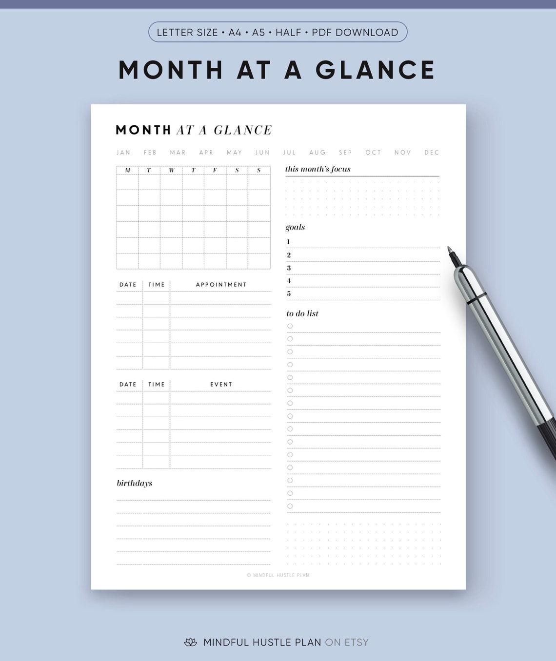 Month at a Glance Printable, Monthly Dashboard, Printable Planner ...