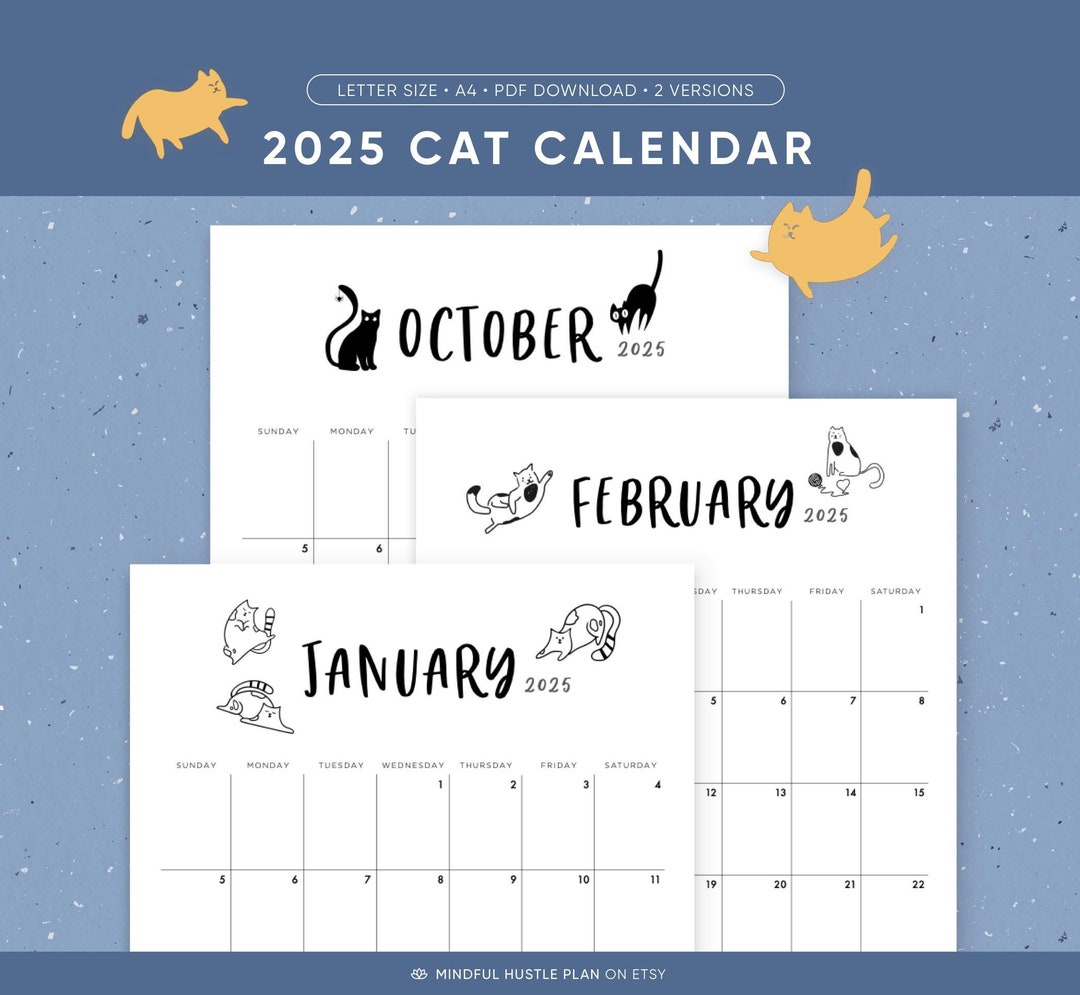 2025 Calendar Printable, Cat Calendar, Funny Cats, Cute Cat, With Lines ...