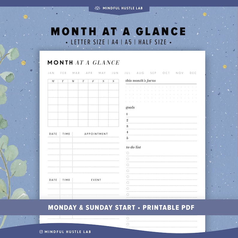 Month at a Glance Printable Monthly Dashboard Printable - Etsy UK