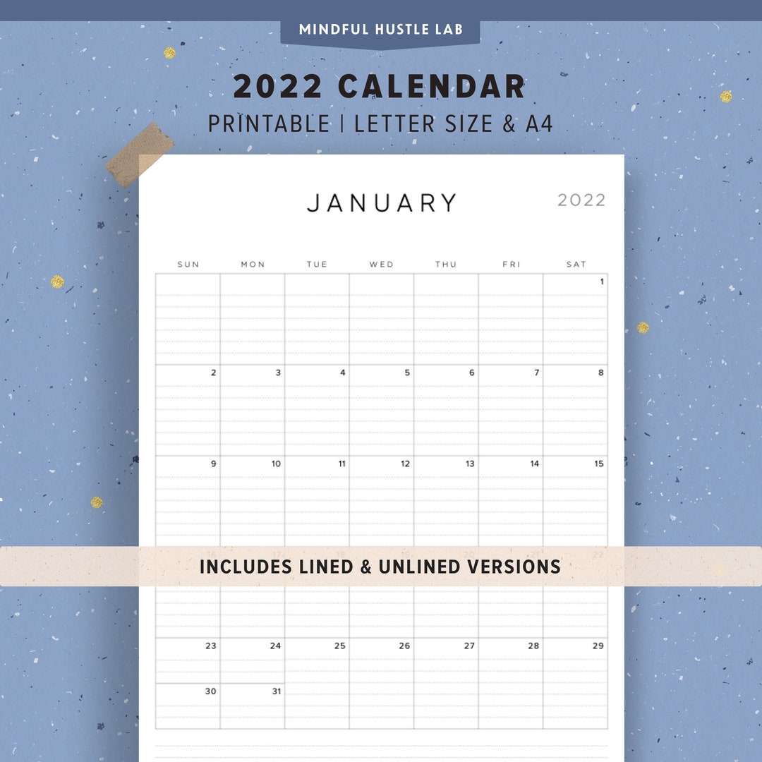 2022 Calendar Printable Minimalist Design PDF Vertical - Etsy