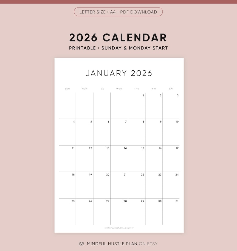 2026 Calendar Printable, Minimalist, PDF, Letter Size, A4, Instant ...