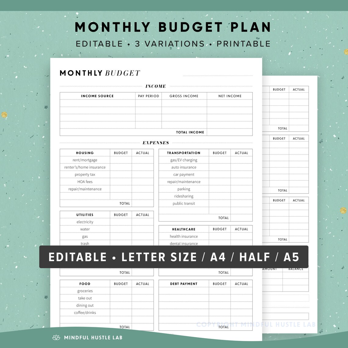 Monthly Budget Planner Printable Editable Budget Plan | Etsy
