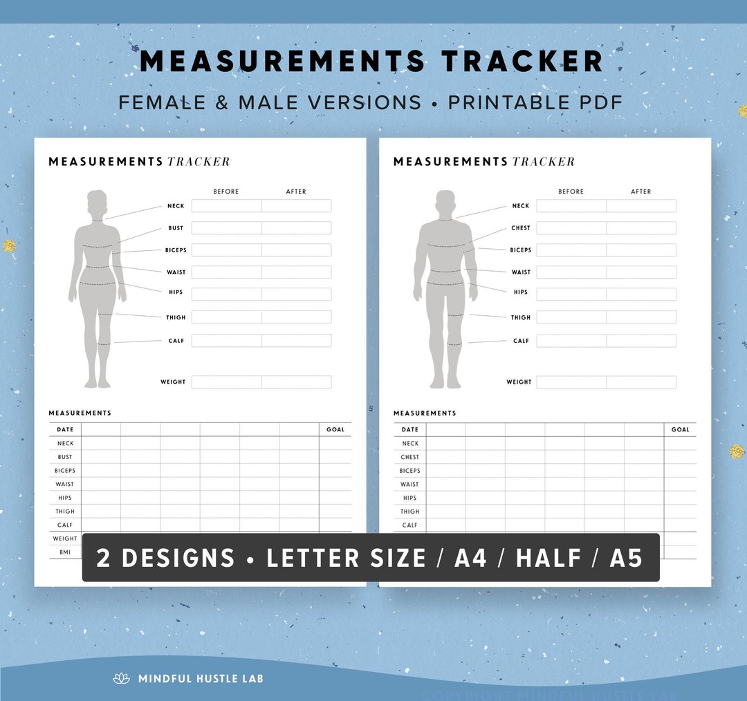 Measurements Tracker Printable, Female Body and Male Body, Weight Loss ...