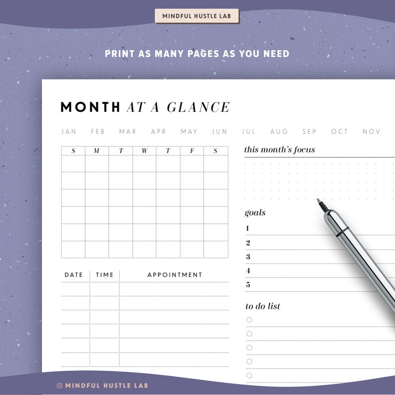 Month at a Glance Printable Monthly Dashboard Printable - Etsy Canada