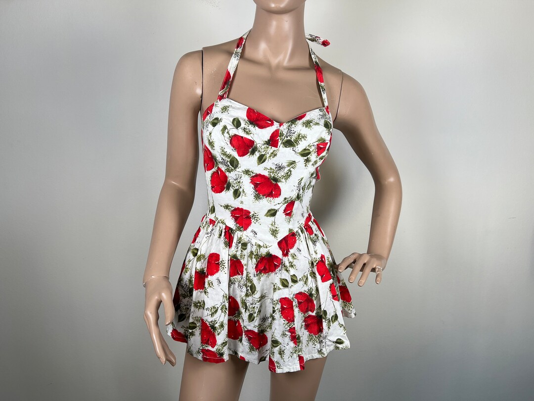 SALE! Vintage 1950s SLIX Playsuit Beach Set 50s Floral Red Poppy ...