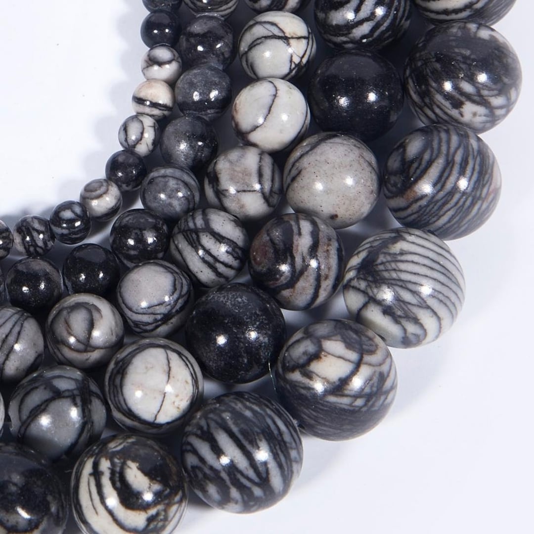 Full 15.5" Strand Black Network Jasper Round Beads, Zebra Jasper Beads ...