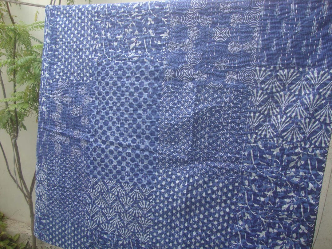 Blue Handmade Indigo Kantha Quilt, Indian Cotton Handblock Print Throw ...
