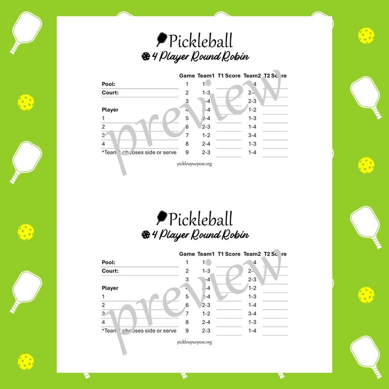 4 Player Pickleball Round Robin - Printable Pickleball Score Sheet - 9 ...