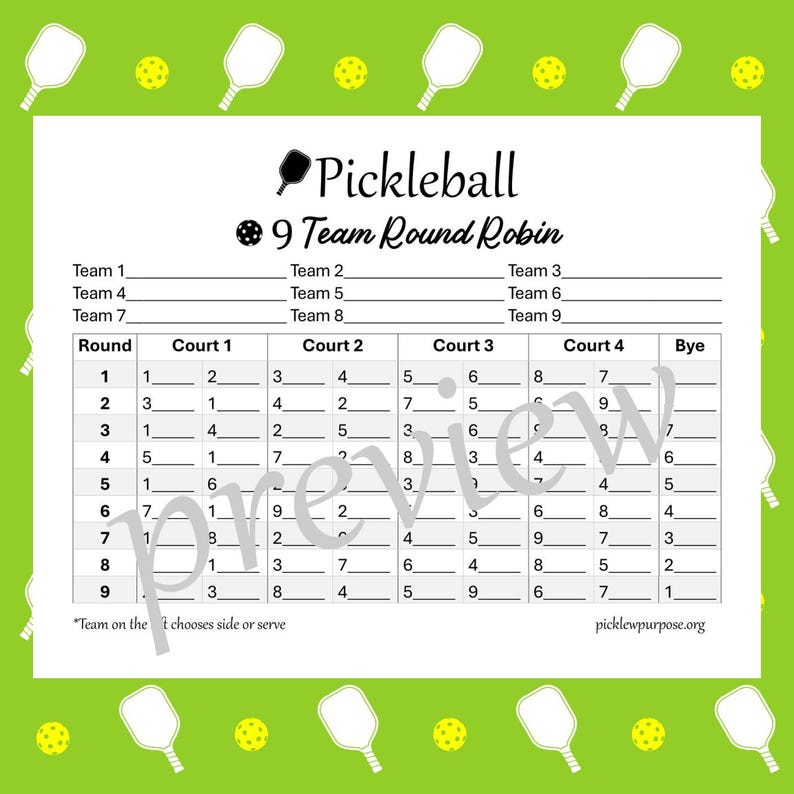 9 Team Pickleball Round Robin - Printable Pickleball Score Sheet - Etsy