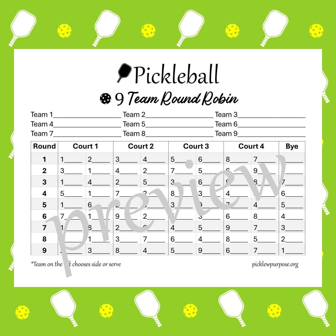 9 Team Pickleball Round Robin - Printable Pickleball Score Sheet - Etsy