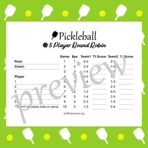 5 Player Pickleball Round Robin - Printable Pickleball Score Sheet - 10 ...