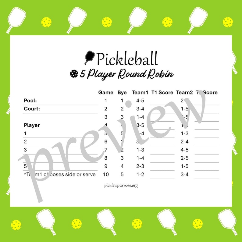 5 Player Pickleball Round Robin - Printable Pickleball Score Sheet - 10 ...
