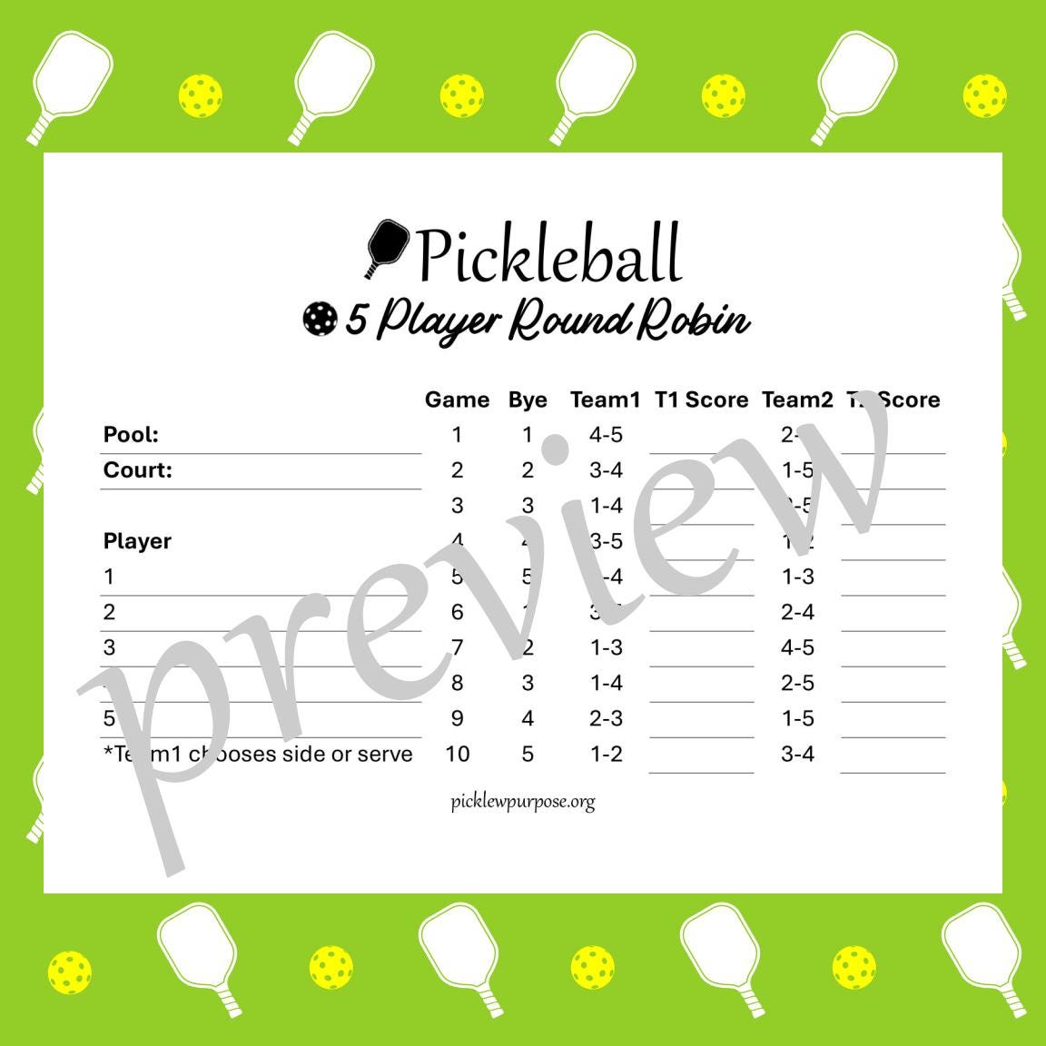 5 Player Pickleball Round Robin - Printable Pickleball Score Sheet - 10 ...