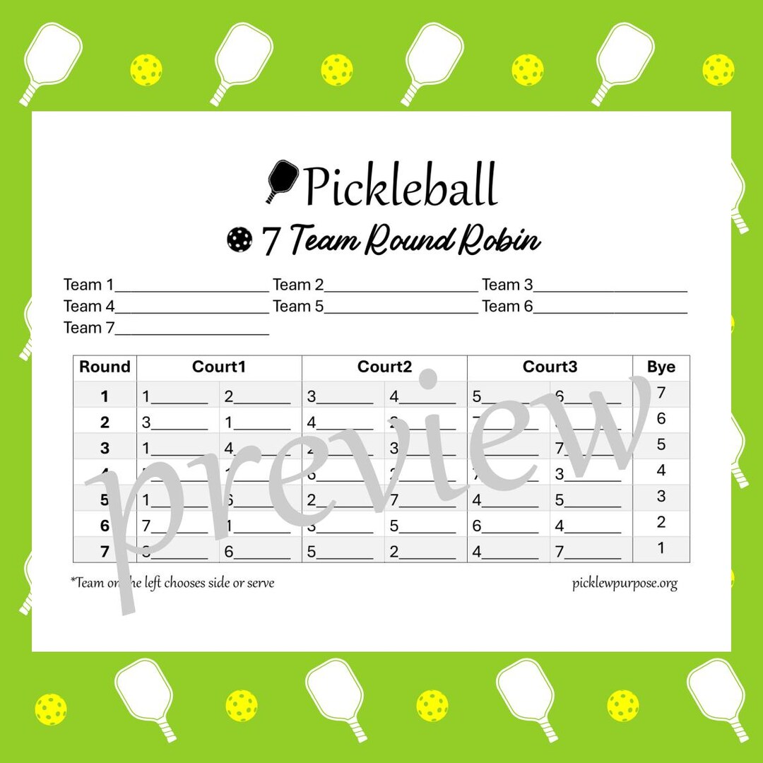 7 Team Pickleball Round Robin - Printable Pickleball Score Sheet - Etsy