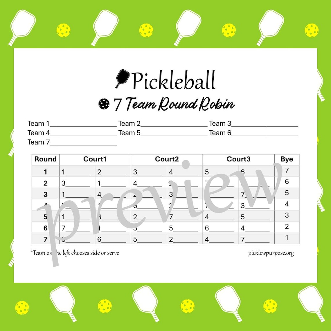 7 Team Pickleball Round Robin - Printable Pickleball Score Sheet - Etsy