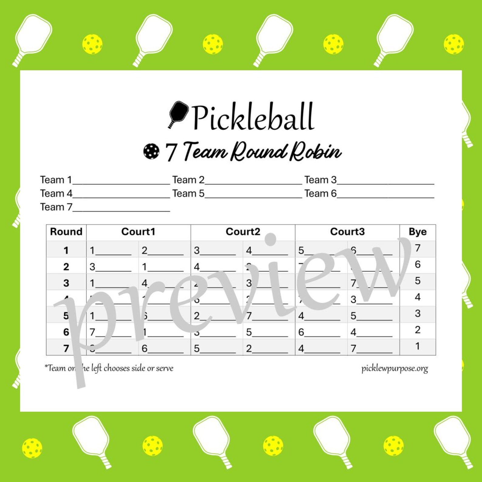 7 Team Pickleball Round Robin - Printable Pickleball Score Sheet - Etsy