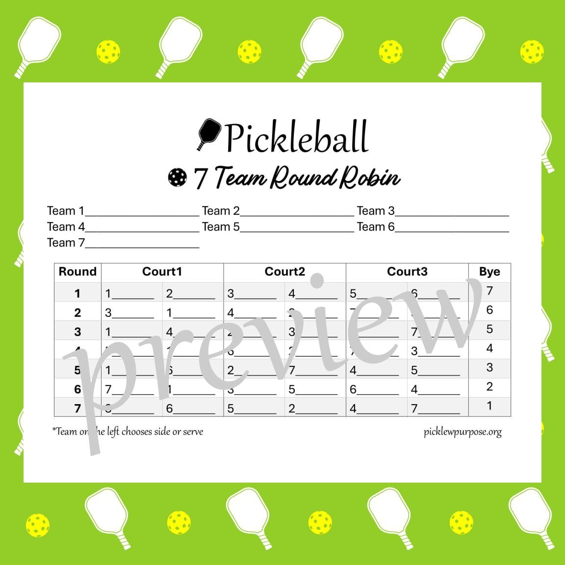 7 Team Pickleball Round Robin - Printable Pickleball Score Sheet - Etsy